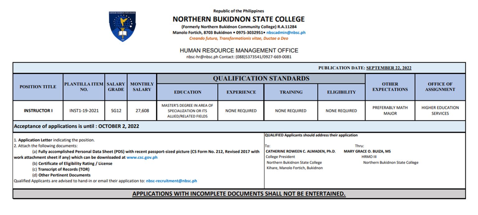 HIRING: VACANT PLANTILLA POSITION PREFERABLY MATH MAJOR - Northern ...