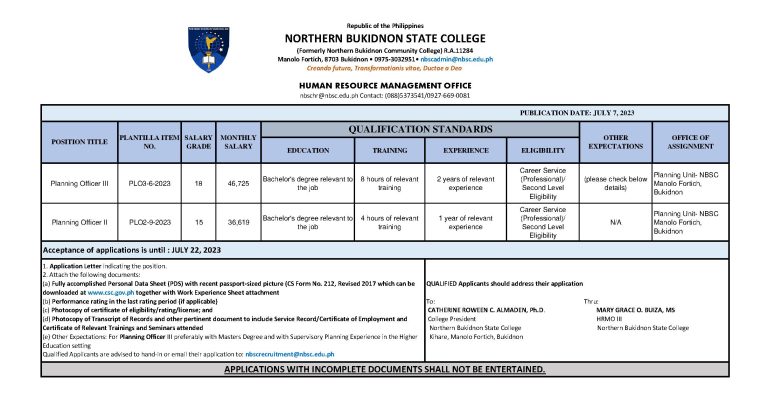 HIRING FOR PLANTILLA POSITION (PLANNING OFFICER II AND III) - Northern ...