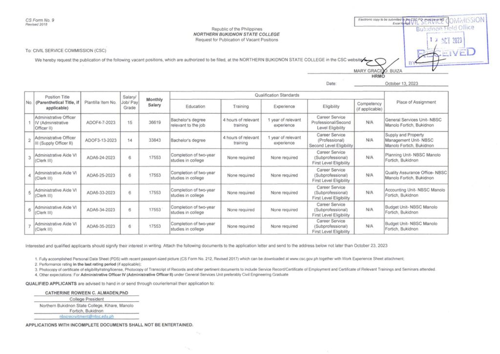 HIRING FOR 7 PLANTILLA POSITION - Northern Bukidnon State College | NBSC