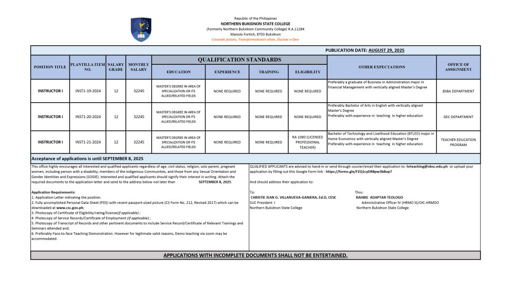HIRING | FACULTY PLANTILLA POSITION - Northern Bukidnon State College ...